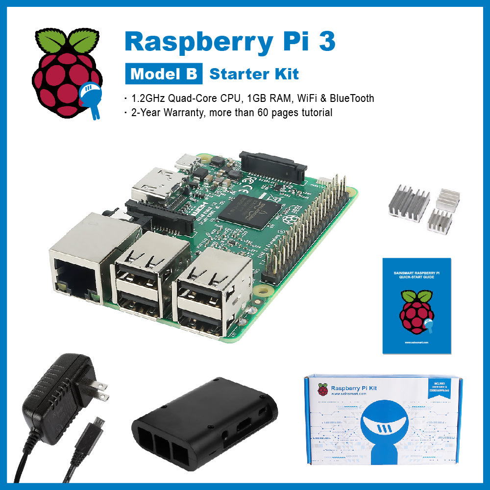 SainSmart Raspberry Pi 3 Basic Kit : 3x Heat Sinks + USB Power Supply EU (CE Certification ...