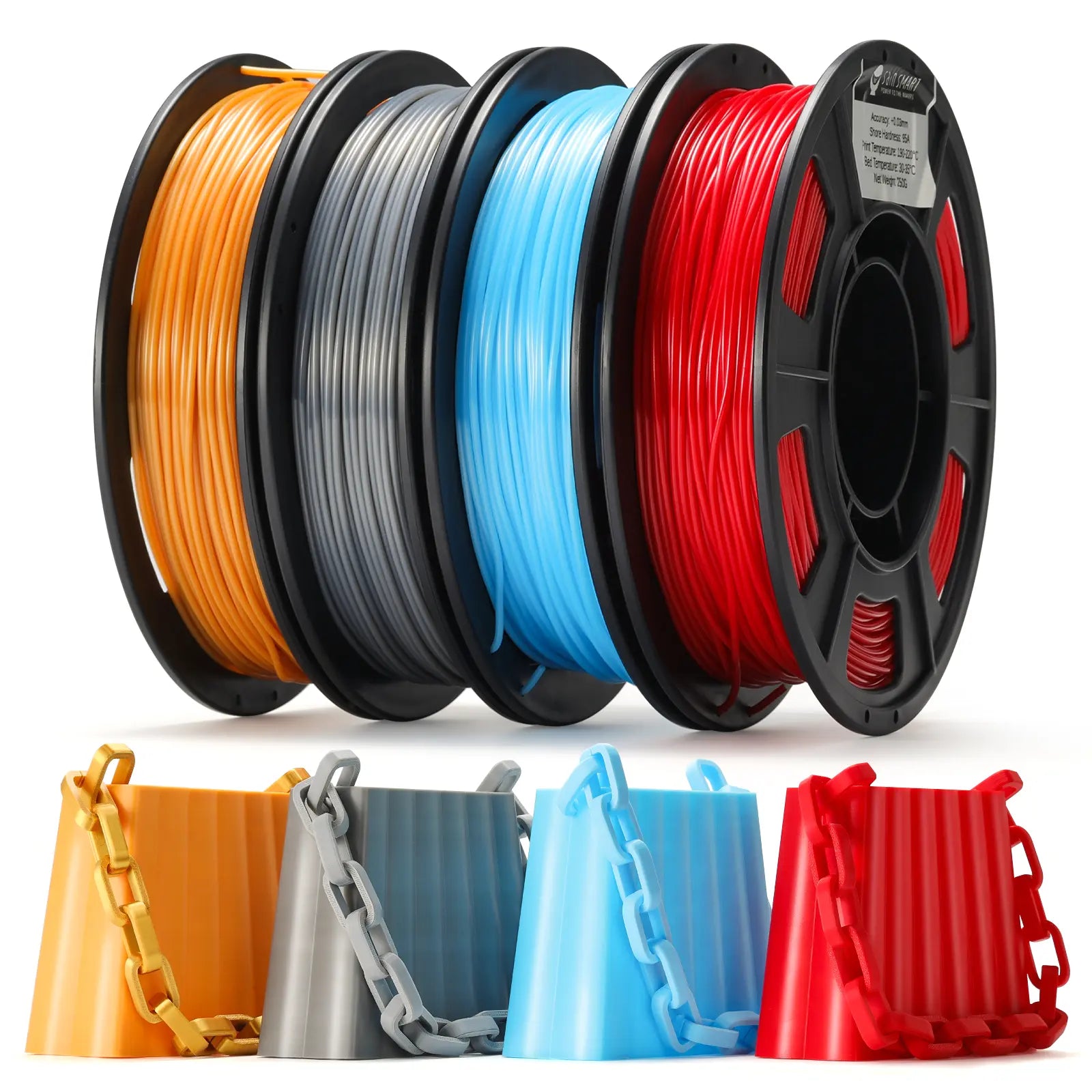 Silk TPU Filament 4x250g Bundle, 95A 1.75 mm, Dimensional Accuracy ±0 ...