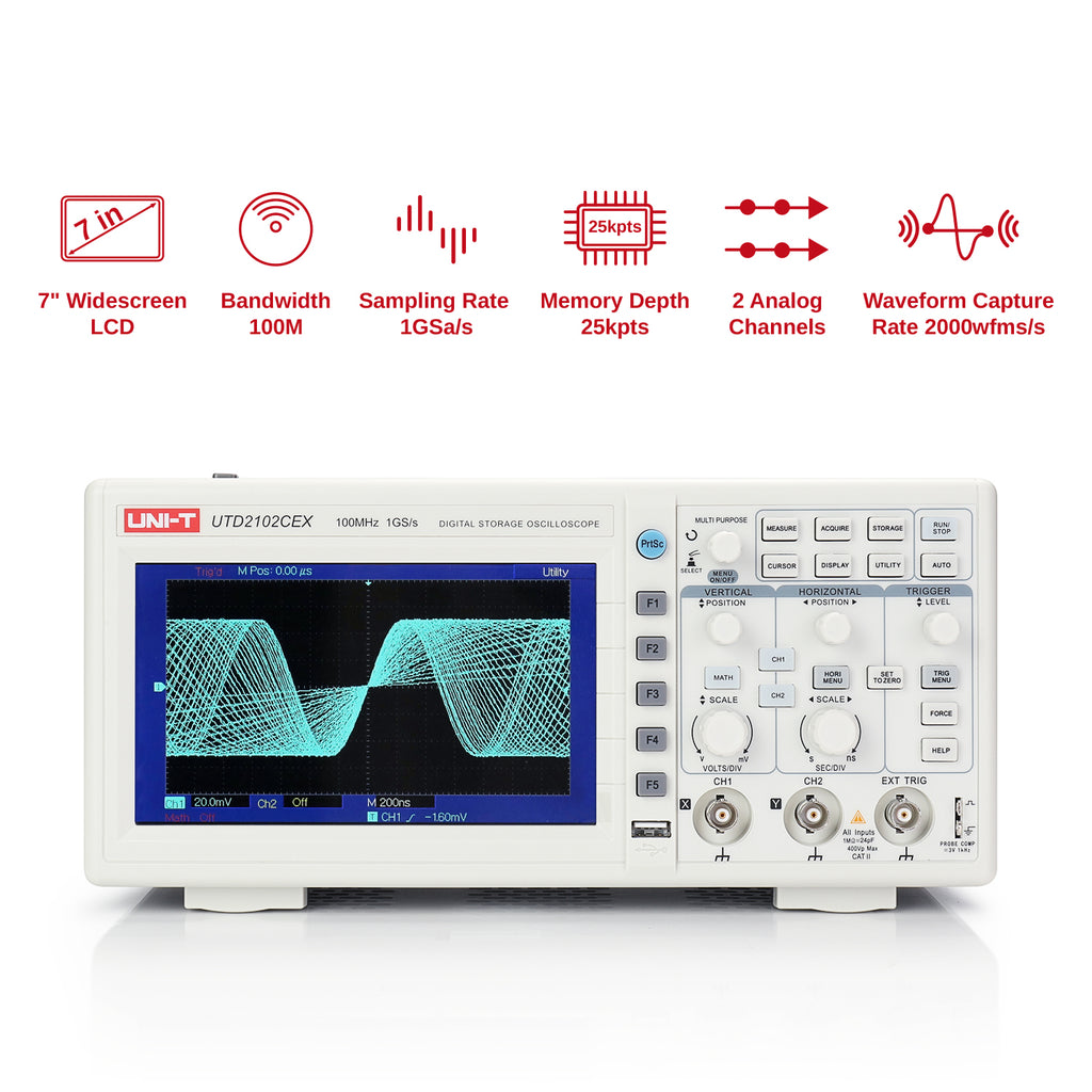 UNI-T Digital Storage Oscilloscope | 2 Channel 100MHz Bandwidth |1 GS/s Sample Rate USB Storage ...